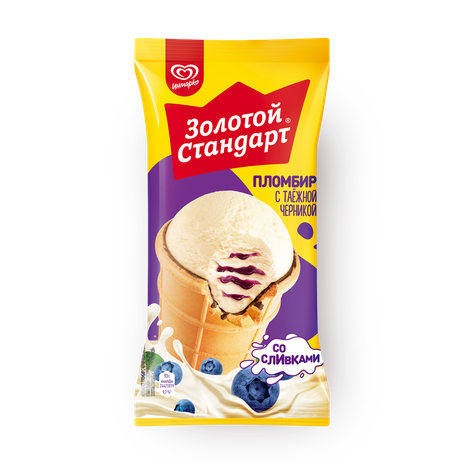 Мороженое пломбир «Золотой стандарт» с таёжной черникой в вафельном ...
